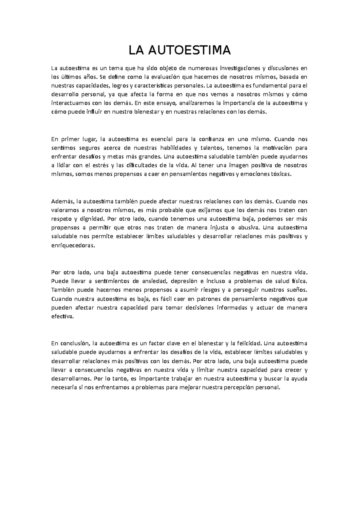 LA Autoestima - espero los ayude - LA AUTOESTIMA La autoestima es un ...