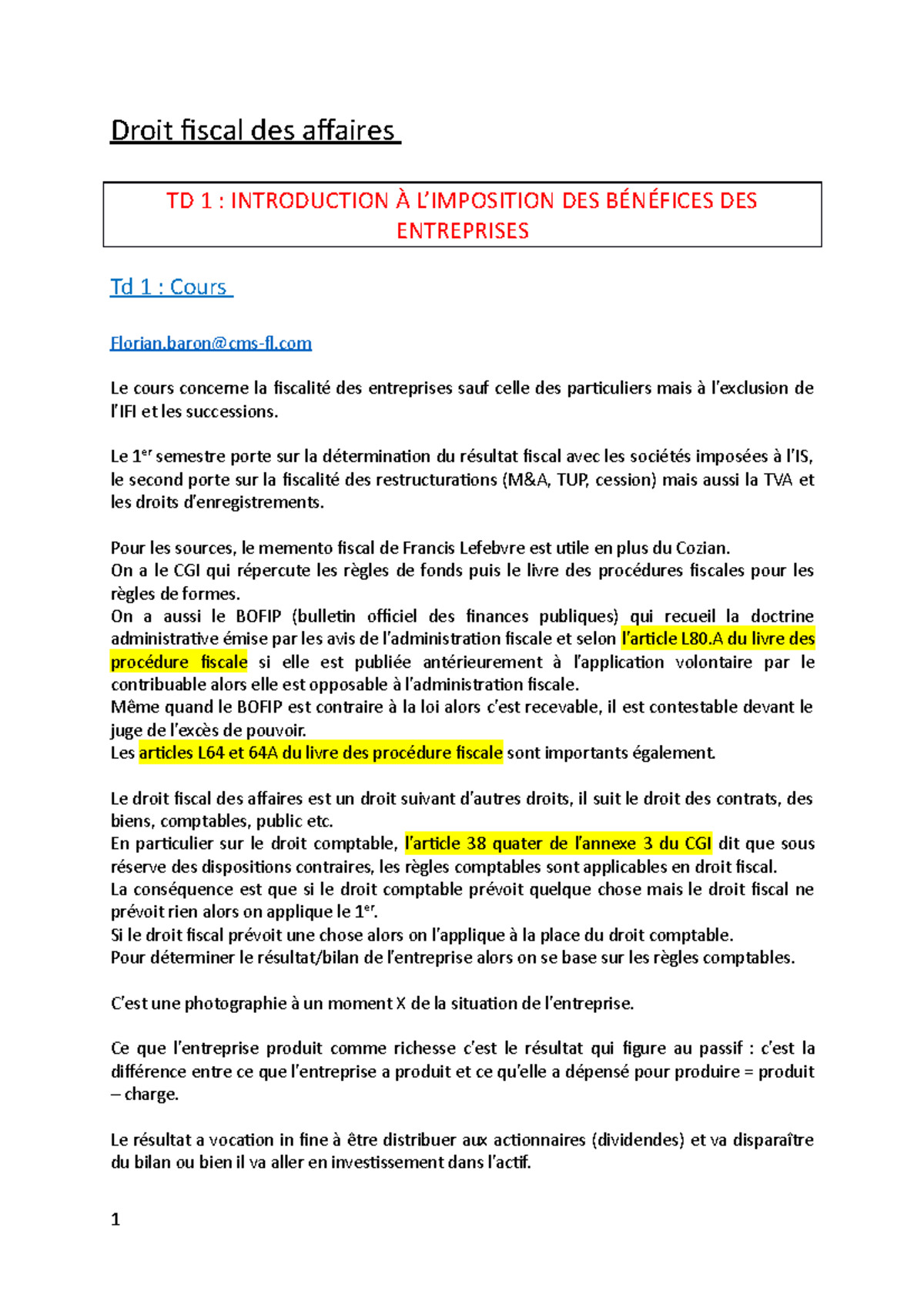 Td droit fiscal des affaires - Droit fiscal des affaires TD 1 : INTRODUCTION À L’IMPOSITION DES ...