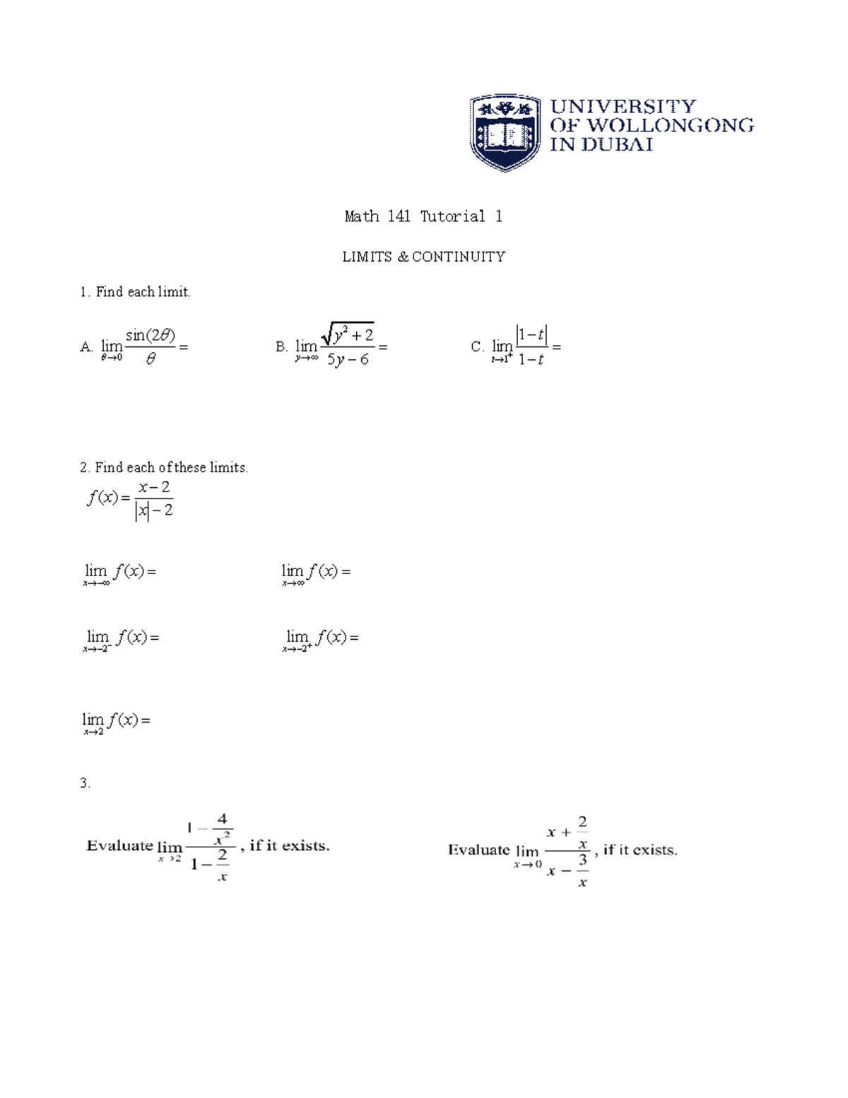 Tutorial 1 141 Math - TUOT 141 - Math 141 Tutorial 1 LIMITS ...