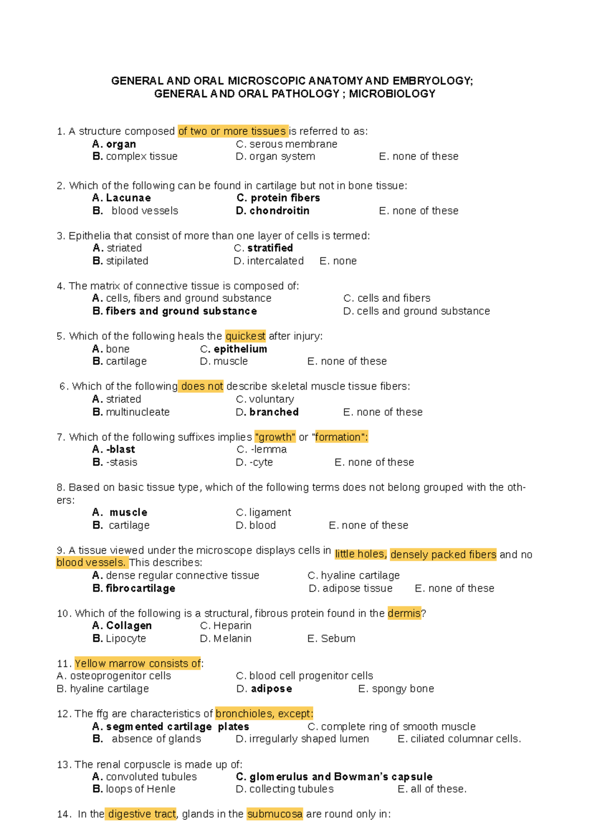 Pathology Answer Key 1 - GENERAL AND ORAL MICROSCOPIC ANATOMY AND ...