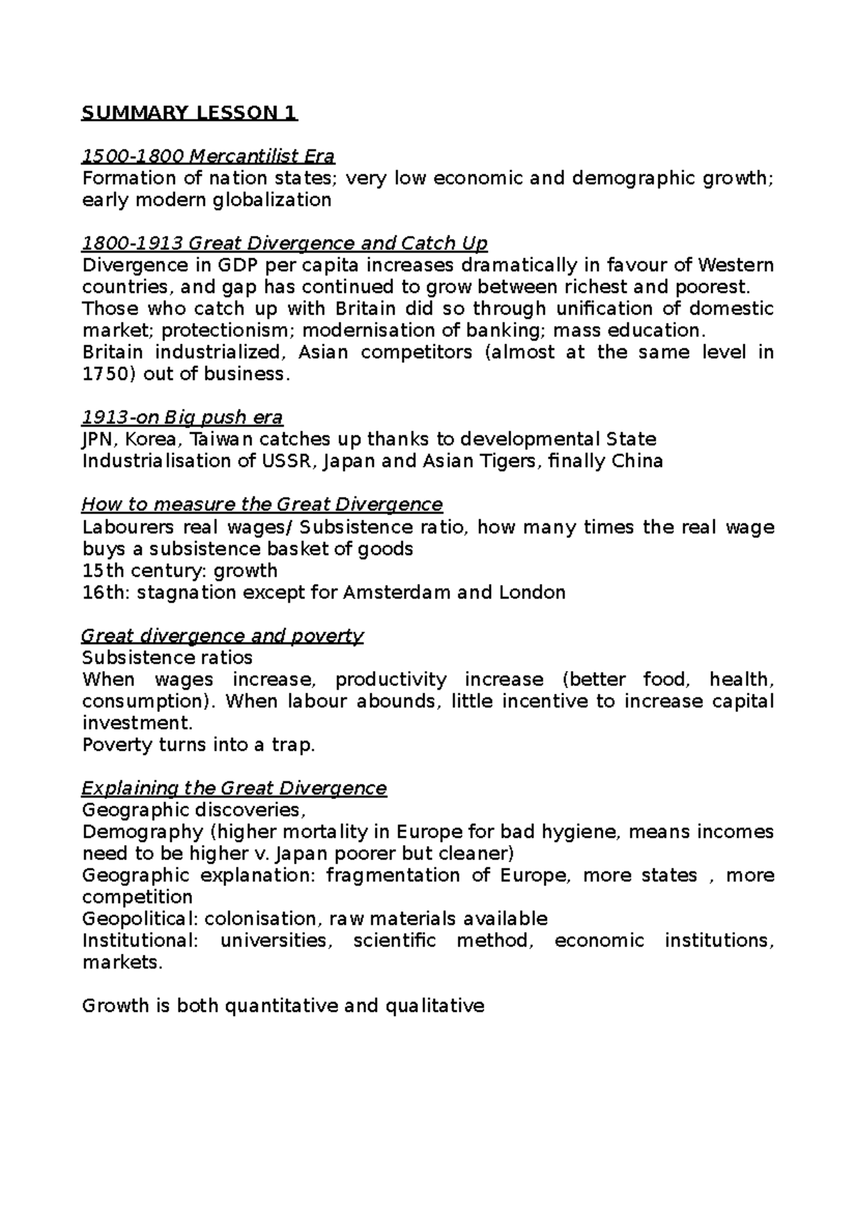 Lesson 1 - Summary - SUMMARY LESSON 1 1500-1800 Mercantilist Era ...