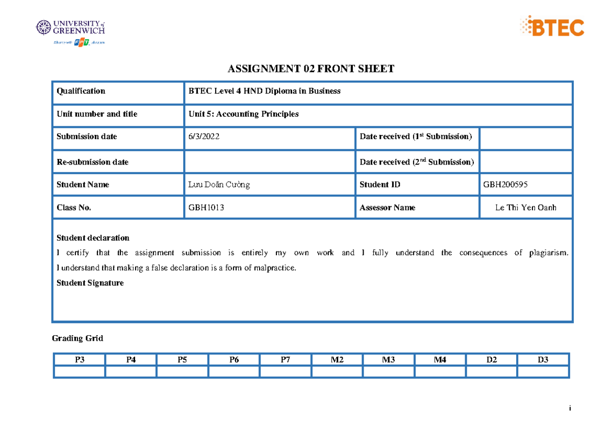 5038 Assignment-2-Front-Sheet - i ASSIGNMENT 02 FRONT SHEET ...