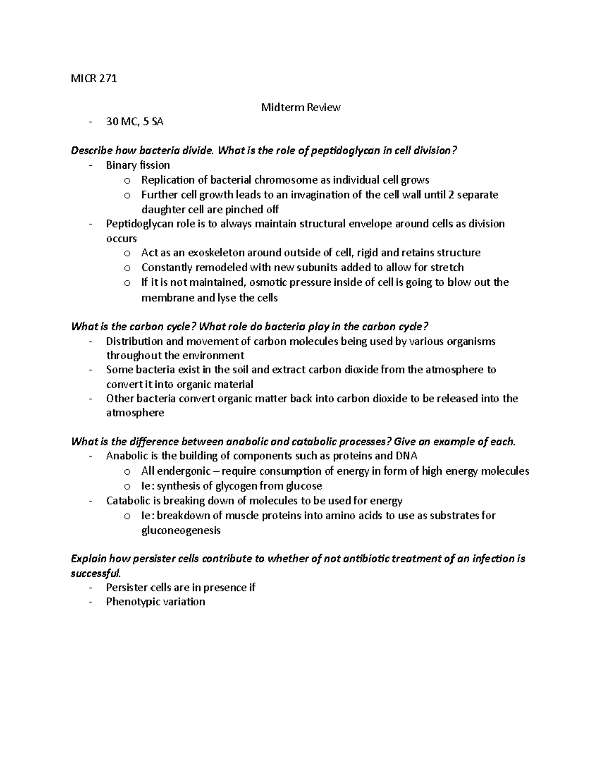Midterm Review - Martin. - MICR 271 Midterm Review 30 MC, 5 SA Describe ...