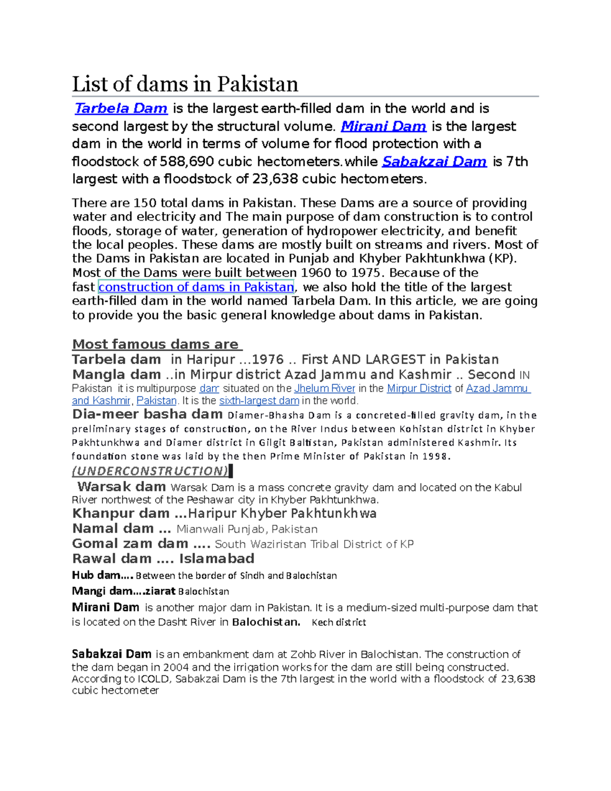 List of dams and reservoirs in Pakistan - List of dams in Pakistan ...