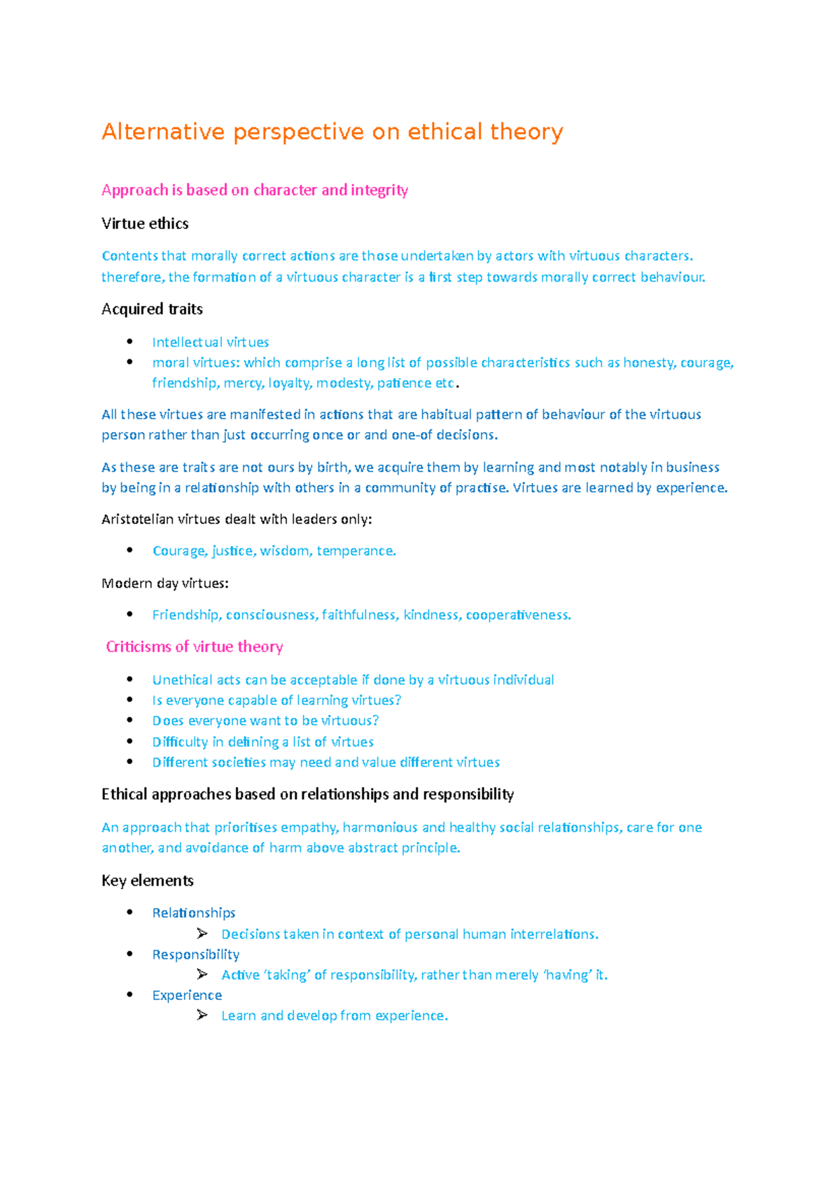 Alternative Perspectives on Ethical Theory: Virtue Ethics Relationship ...