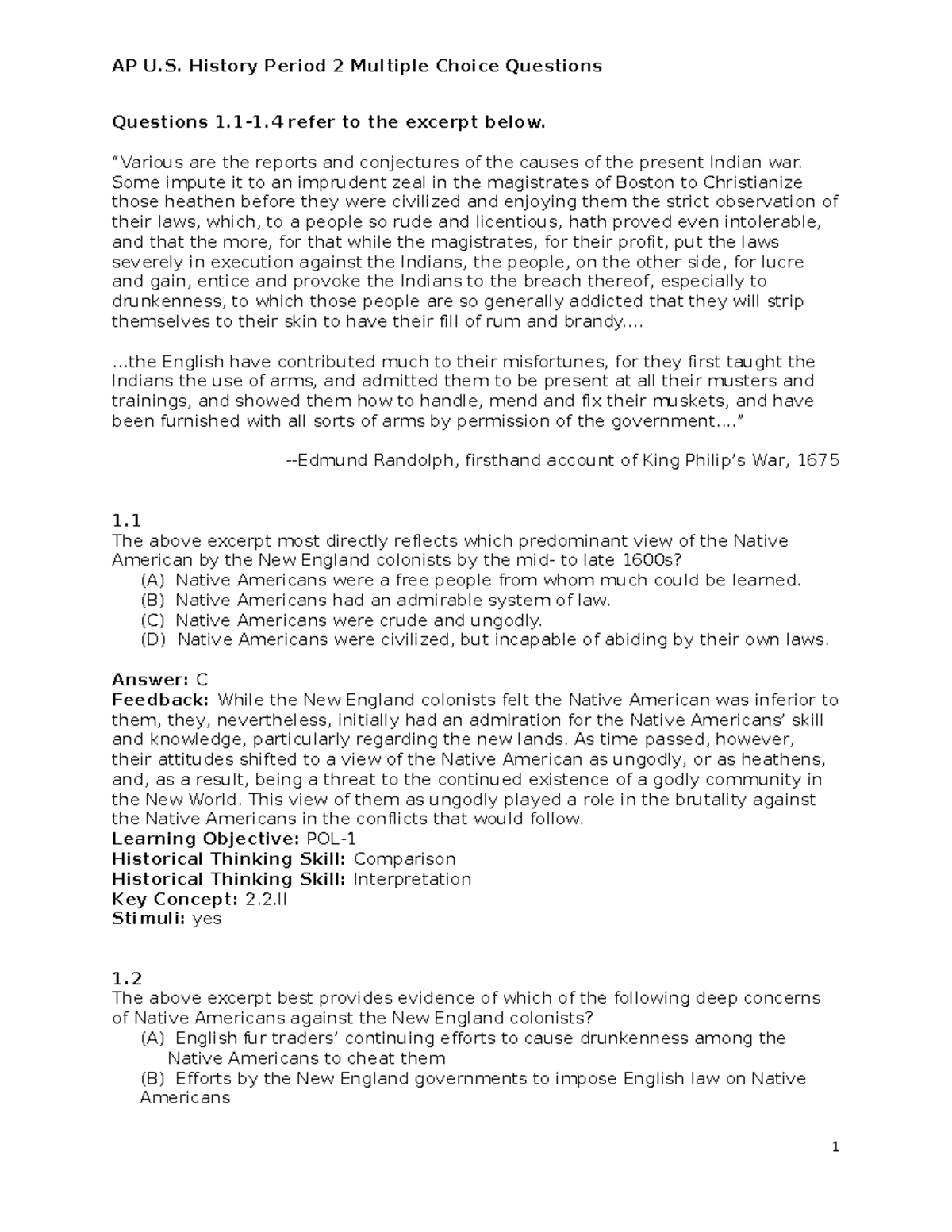 Period 2 New AP Multiple Choice Bank - Questions 1.1-1 refer to the ...