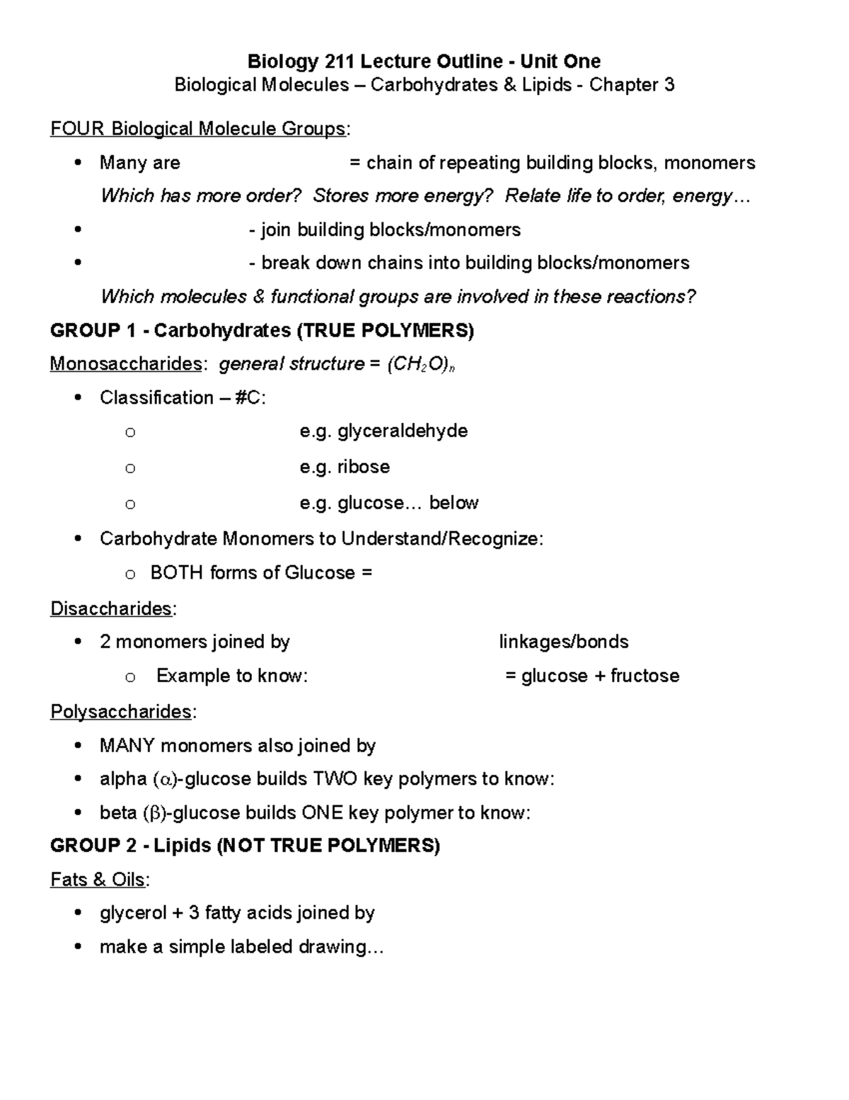 02Carb Lip%28W23%29 - ,) duh bc hd - Biology 211 Lecture Outline - Unit ...
