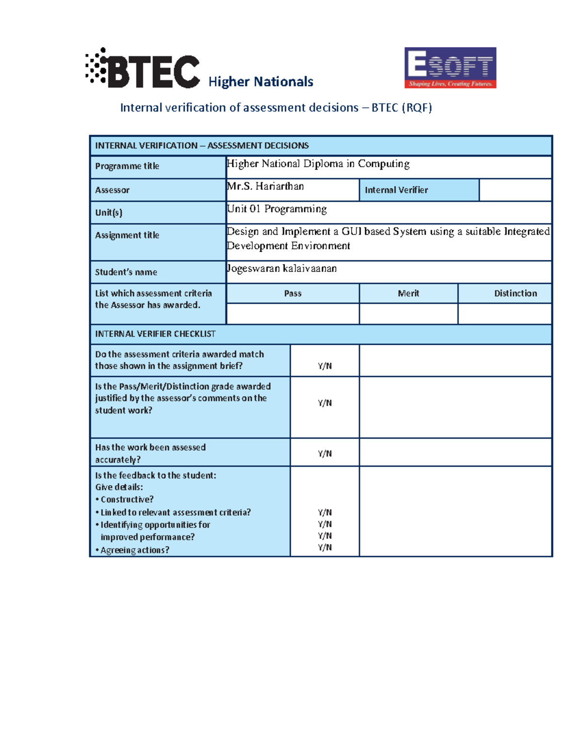 3 - short nots - Higher Nationals Internal verification of assessment decisions – BTEC (RQF ...