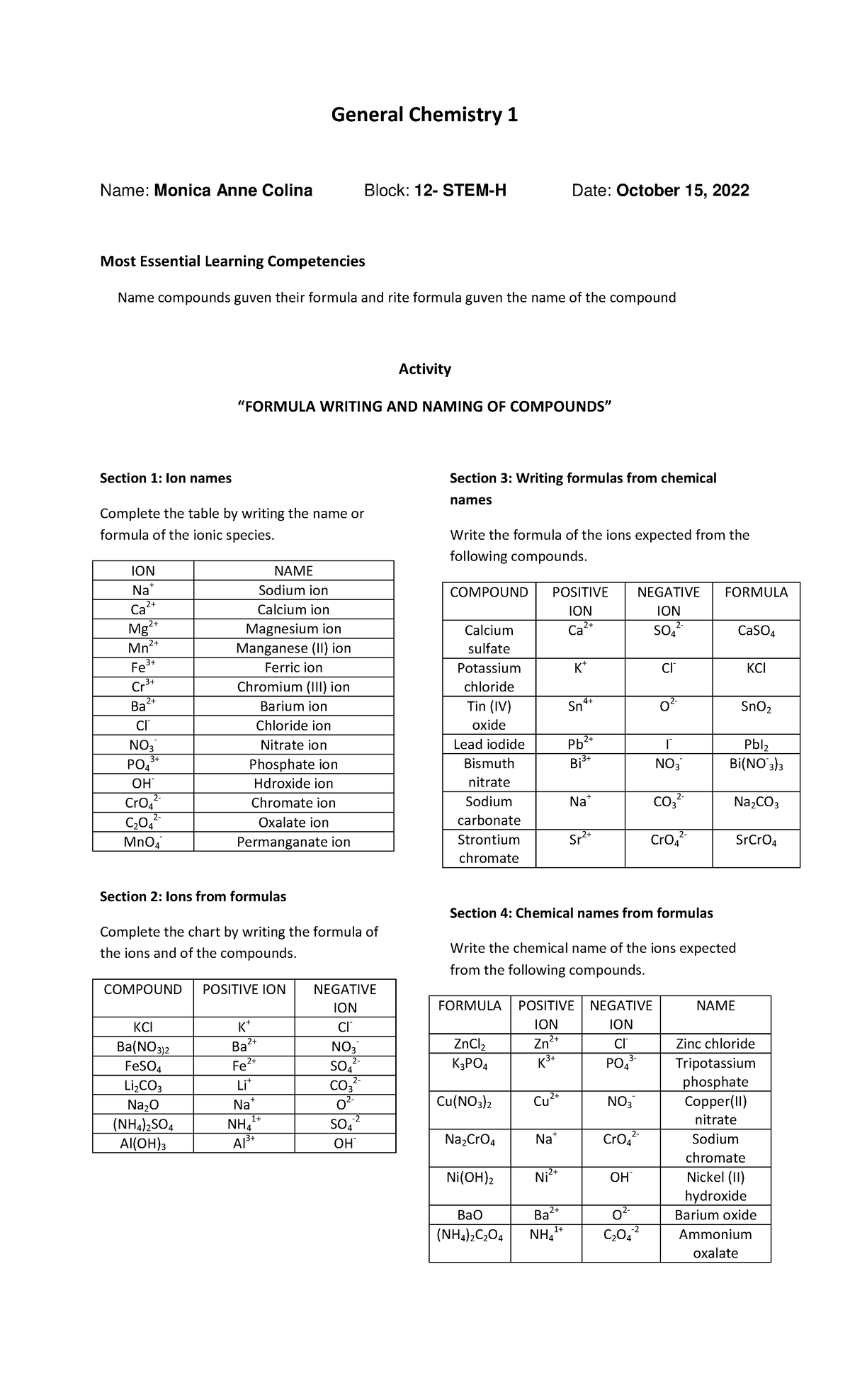 Formula writing and naming of compounds - General Chemistry 1 Name ...