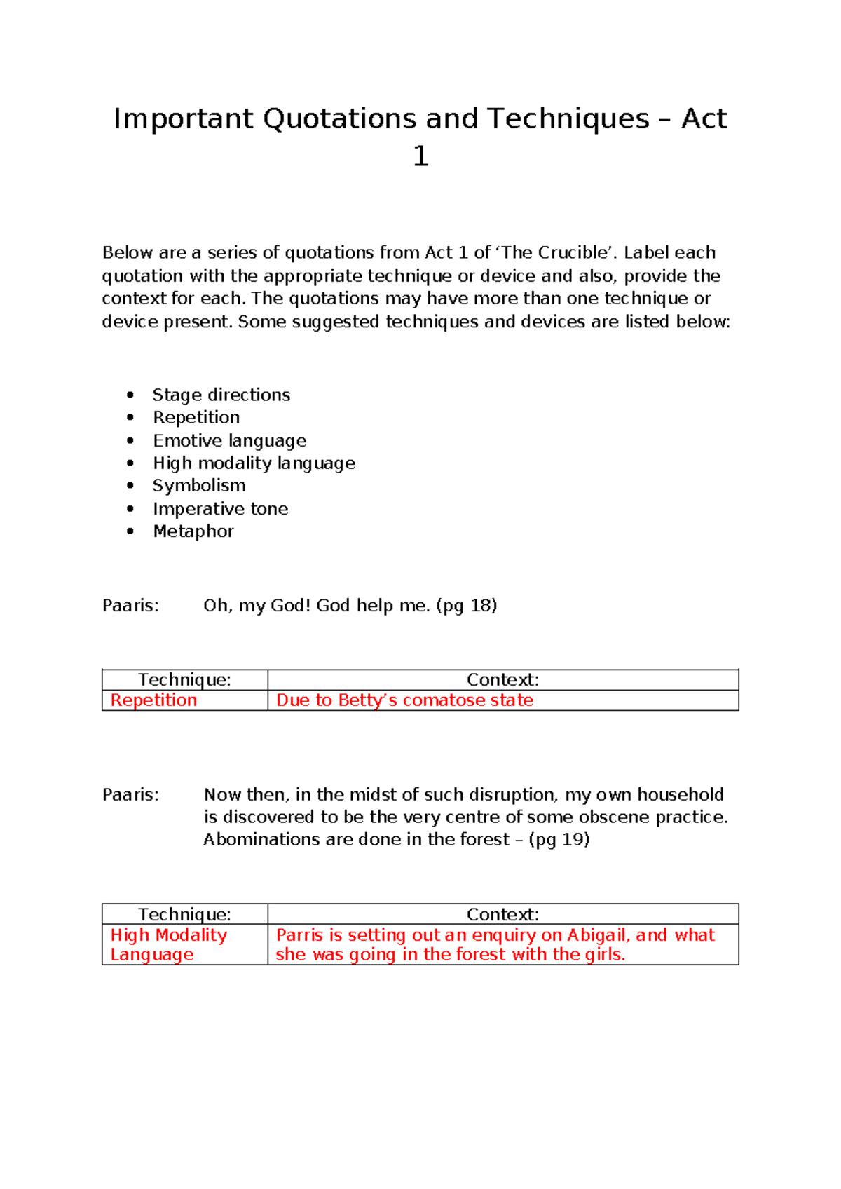 Important Quotations and Act 1 - Important Quotations and Techniques ...