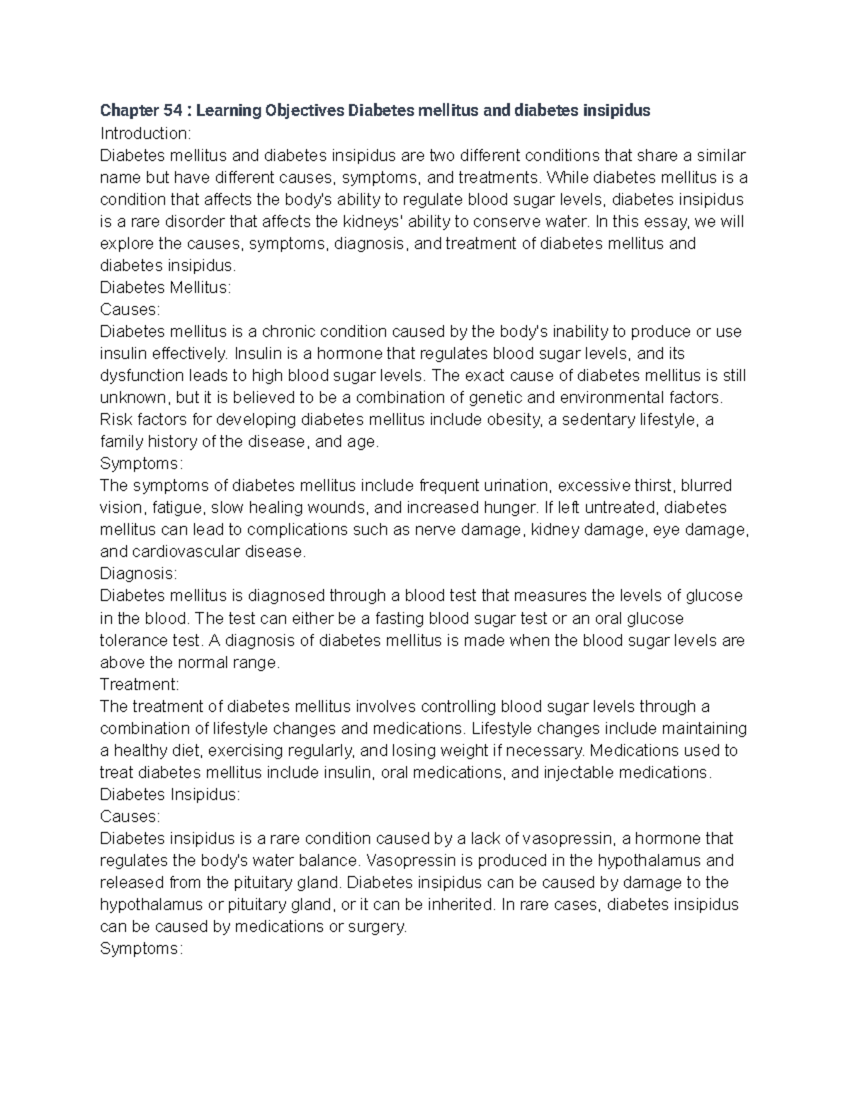 Chapter 54 Learning Objectives Diabetes mellitus and diabetes insipidus ...