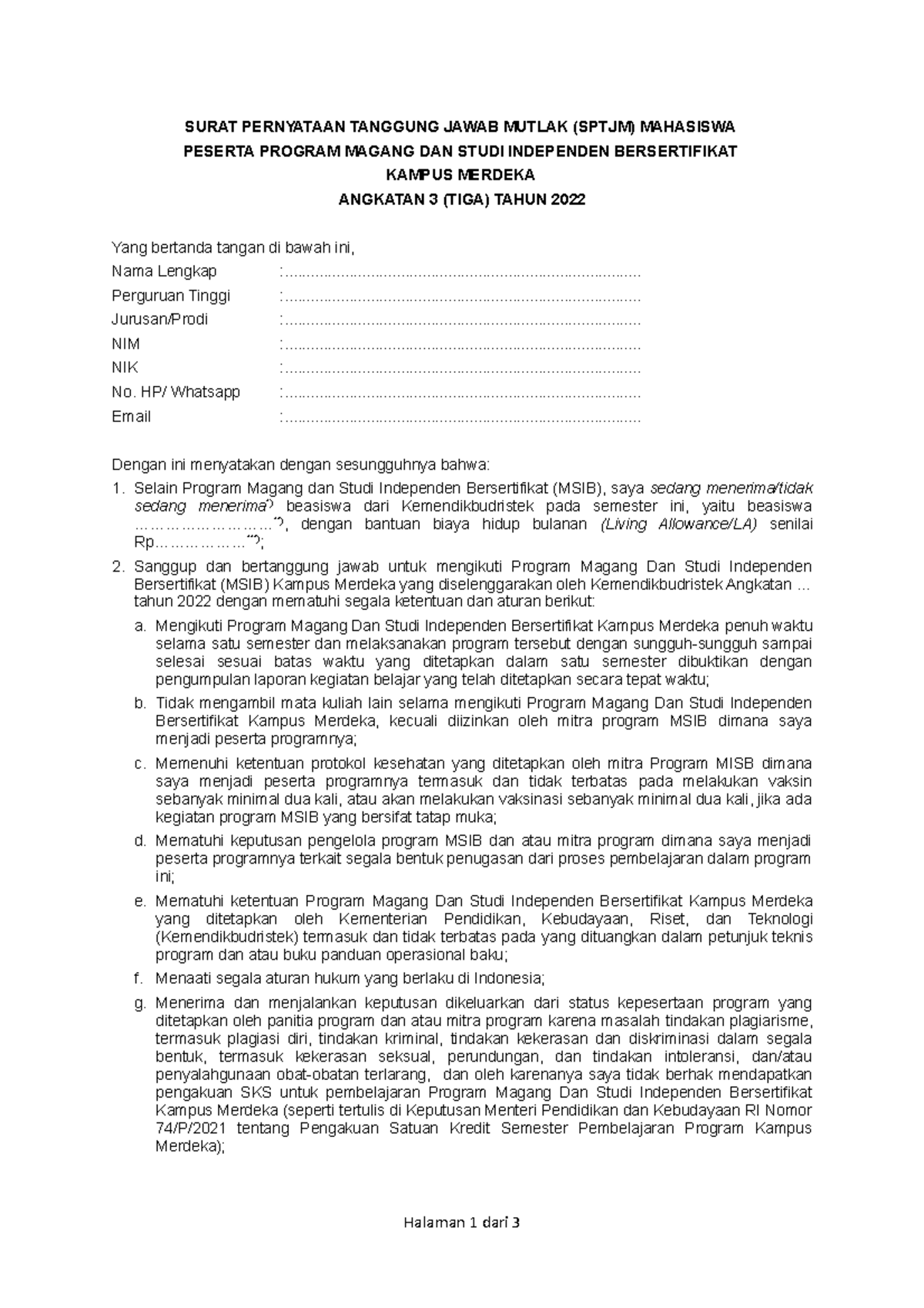 1.1 [Format] Sptjm Mahasiswa MSIB Batch 3 - SURAT PERNYATAAN TANGGUNG ...