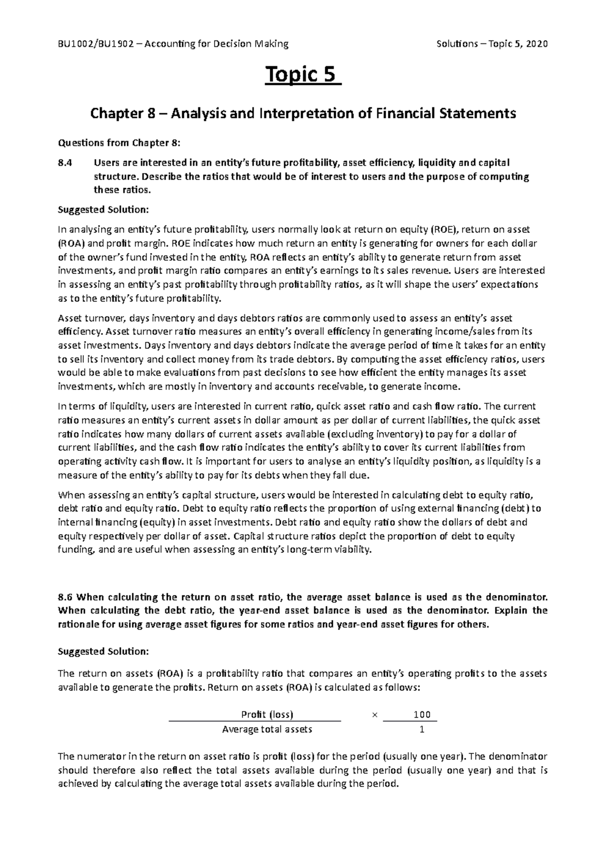 BU1002 Topic 05 Tutorial Solutions 2021 - Topic 5 Chapter 8 – Analysis ...