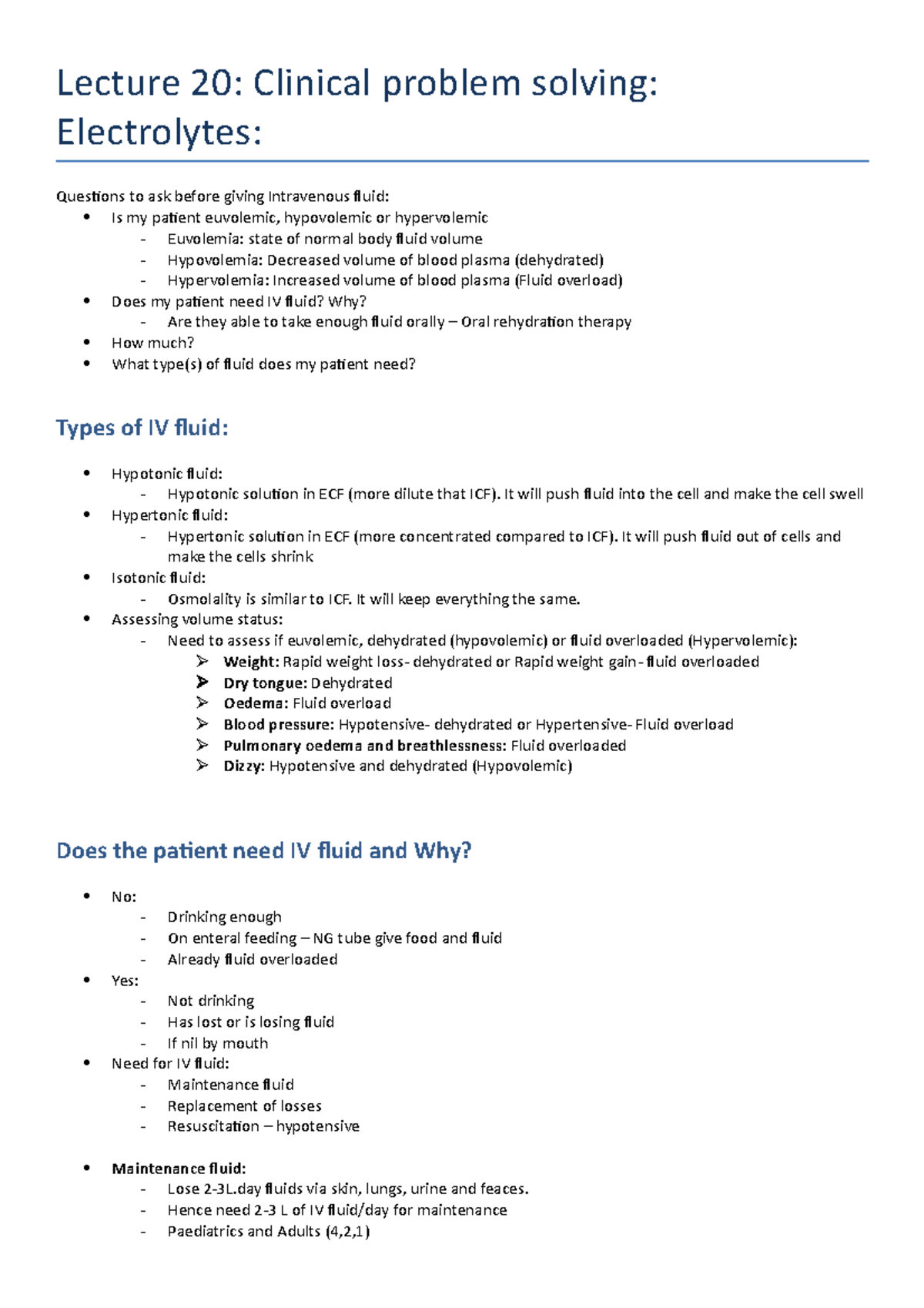 Lecture 20- Clinical problem- Electrolytes - Lecture 20: Clinical ...