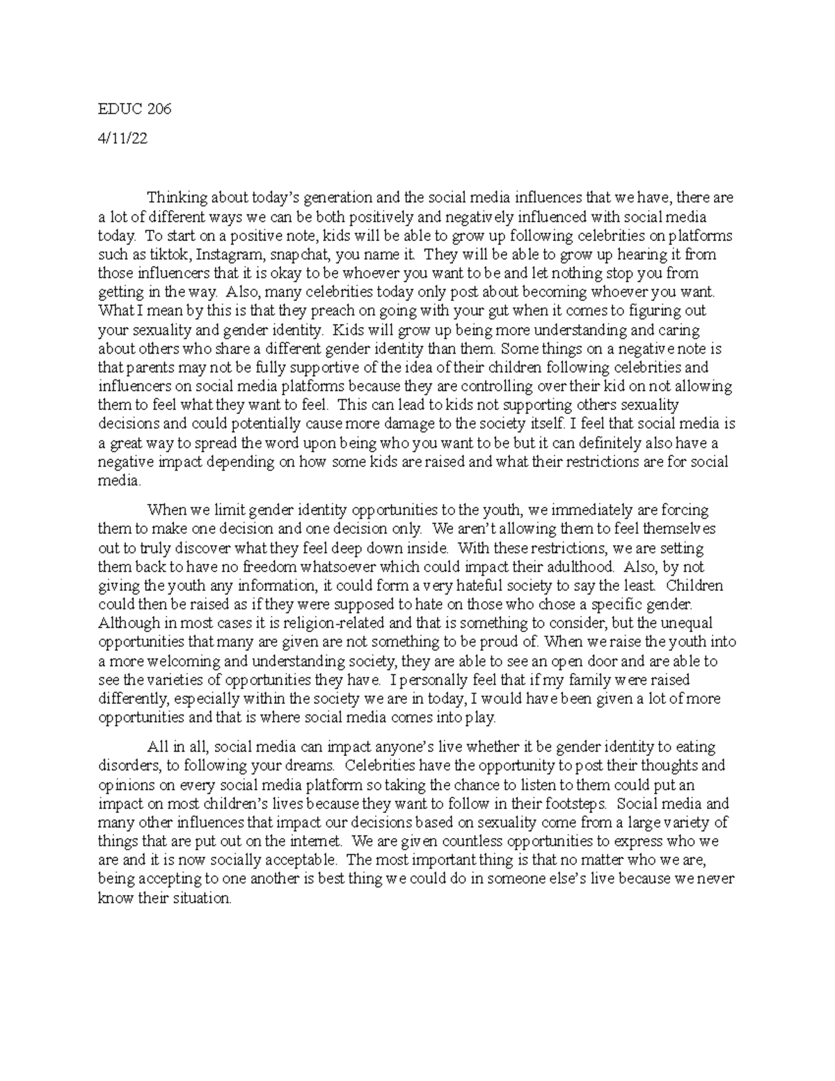 EDUC 206- Intersectionality Paper - EDUC 206 4/11/ Thinking about today ...