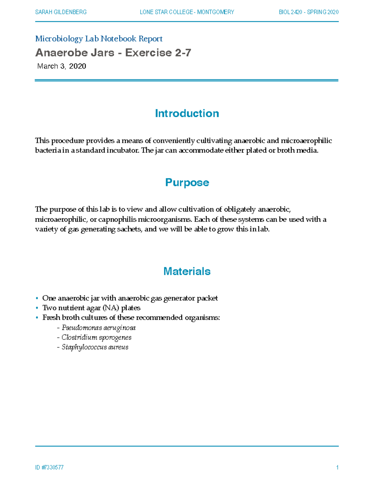 BIOL 2420 Lone Star College Montgomery Anaerobe Jars Lab Report ...