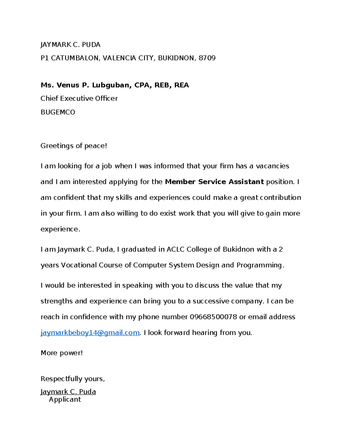 Application Letter Jaymark - JAYMARK C. PUDA P1 CATUMBALON, VALENCIA ...