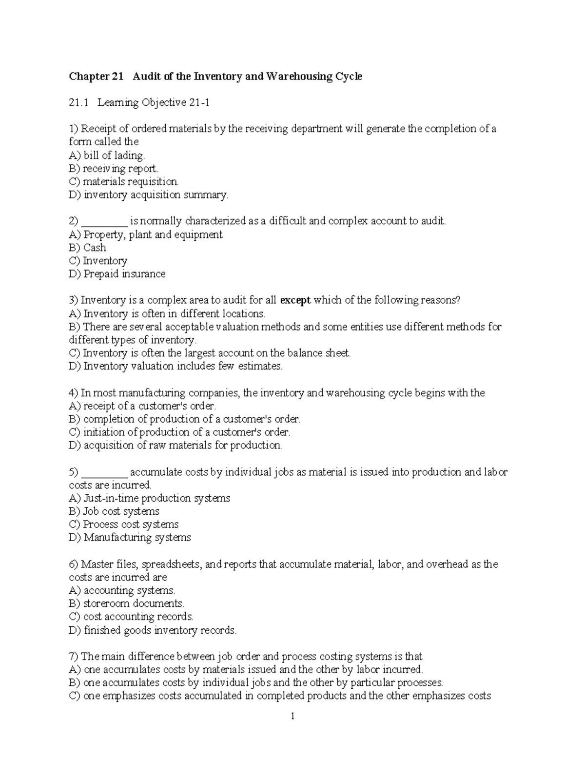 Chapter 21 Questions - practice - Chapter 21 Audit of the Inventory and Warehousing Cycle 21 ...