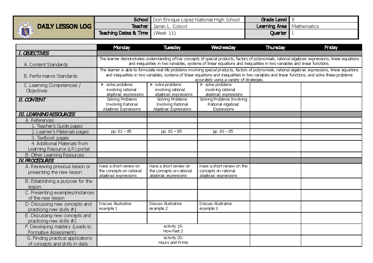 Sample Grade 8 DLL Q1W11 - DAILY LESSON LOG School Don Enrique Lopez ...