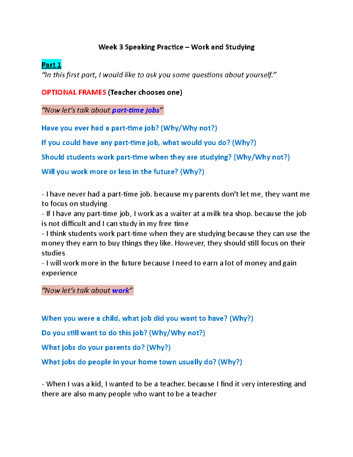 Speaking Work and Studying - Week 3 Speaking Practice – Work and ...