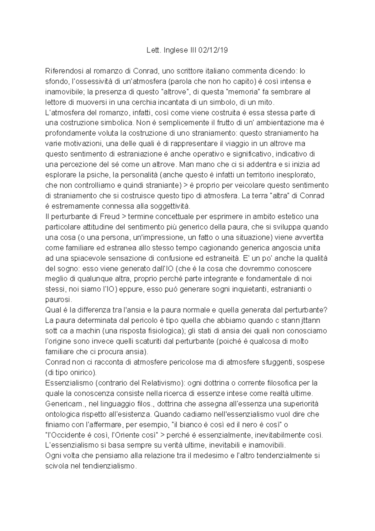 2 Dicembre - Lett. Inglese III 02/12/ Riferendosi al romanzo di Conrad ...