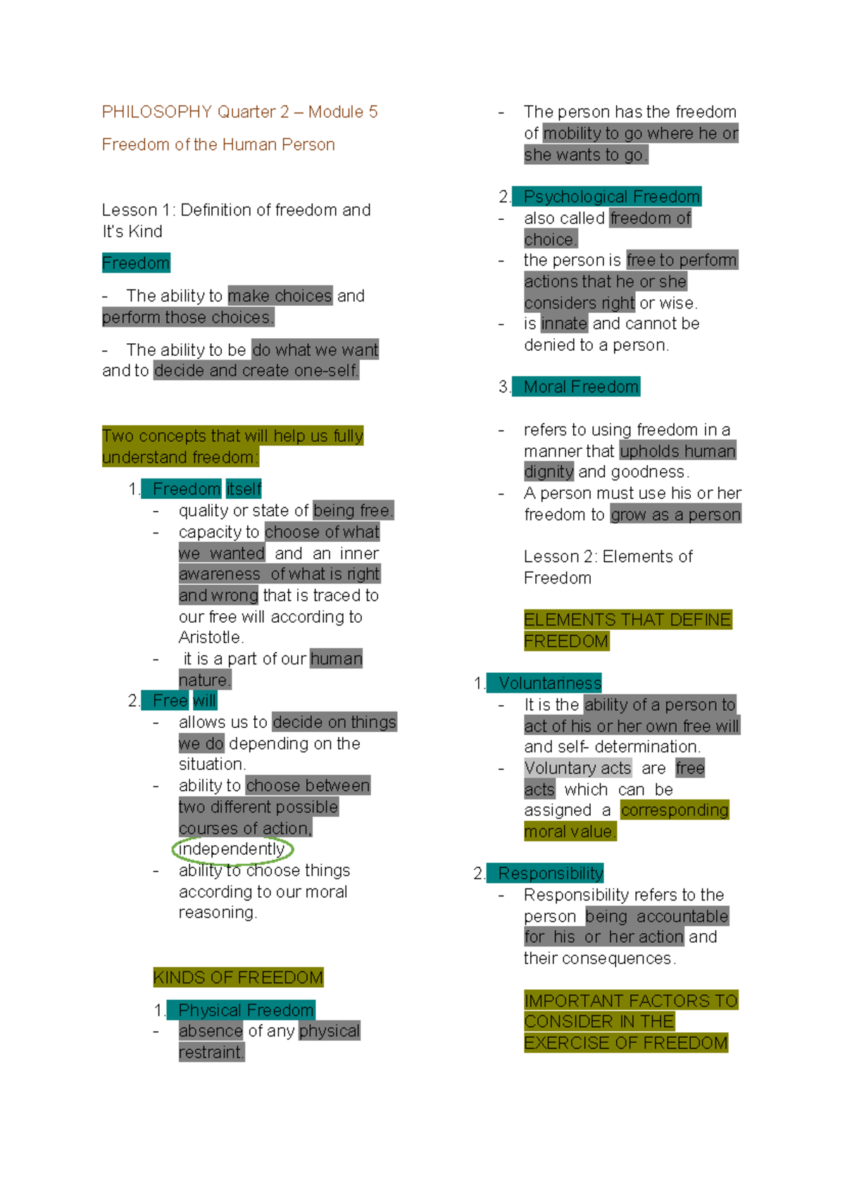 Philosophy Reviewer - PHILOSOPHY Quarter 2 – Module 5 Freedom of the ...