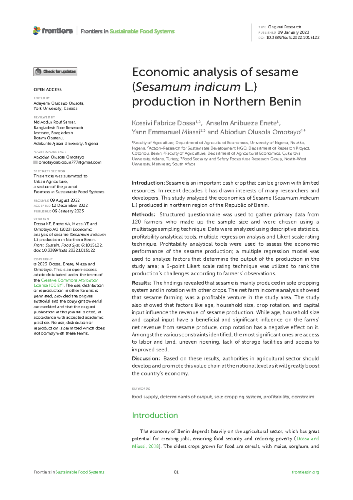 Economic analysis of sesame Sesamum indi - MATH 383 - Studocu