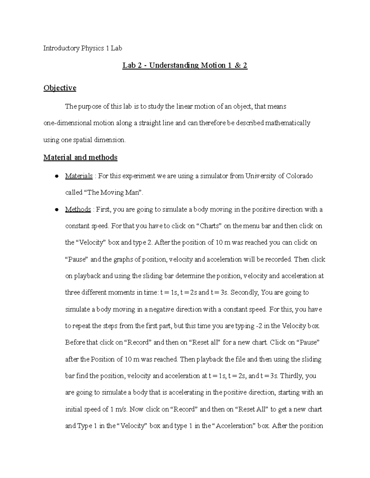 Physics Lab Report 2 - Introductory Physics 1 Lab Lab 2 - Understanding ...