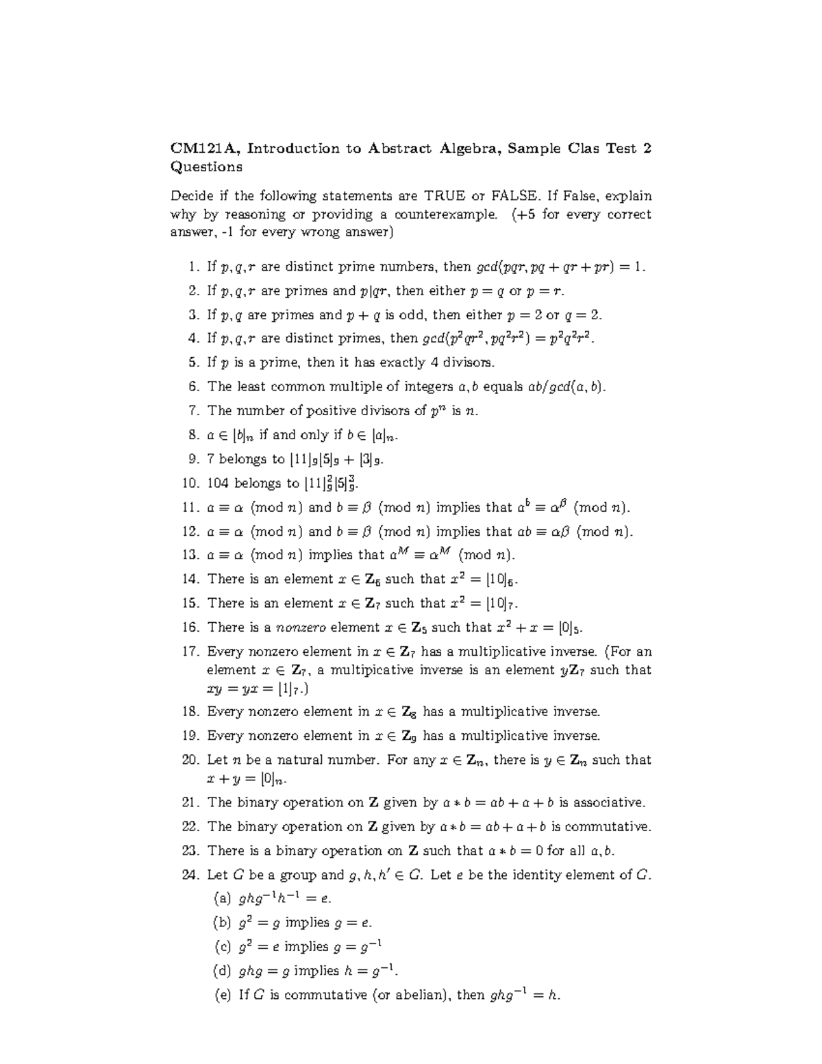 Sample-Test-2 - course on algebra - CM121A, Introduction to Abstract ...