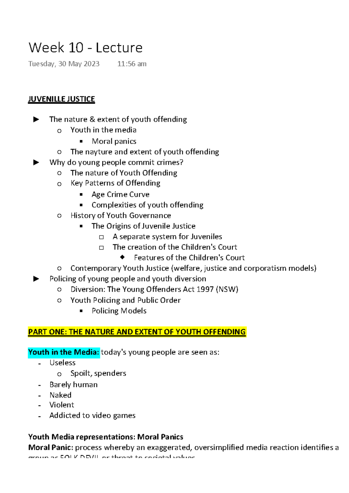 Week 10 - Lecture CRIM1002 - JUVENILLE JUSTICE The nature & extent of youth offending Youth in ...