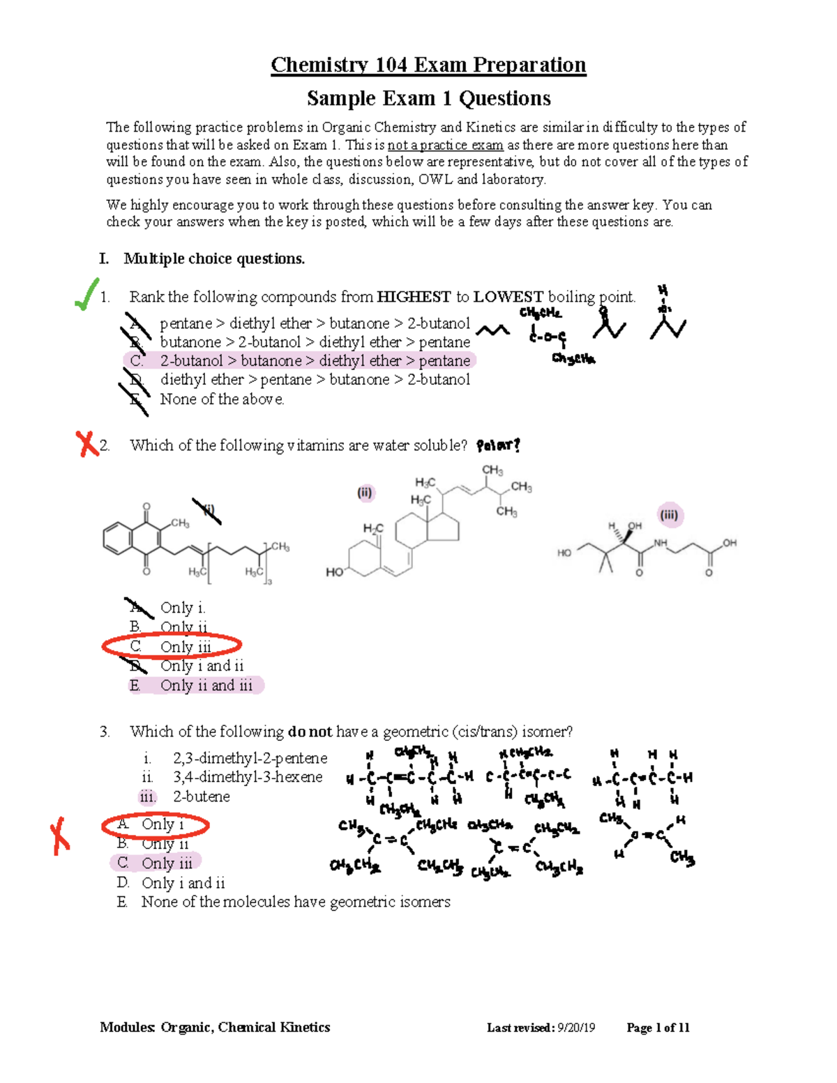 Exam 1 Sample Questions - Sample Exam 1 Questions The following practice problems in Organic ...