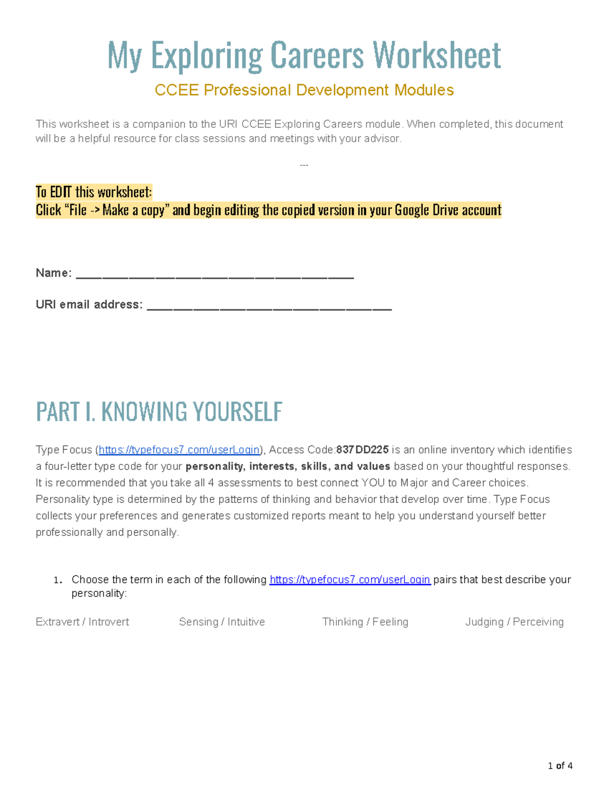 CCEE Exploring Careers Worksheet - My Exploring Careers Worksheet CCEE ...