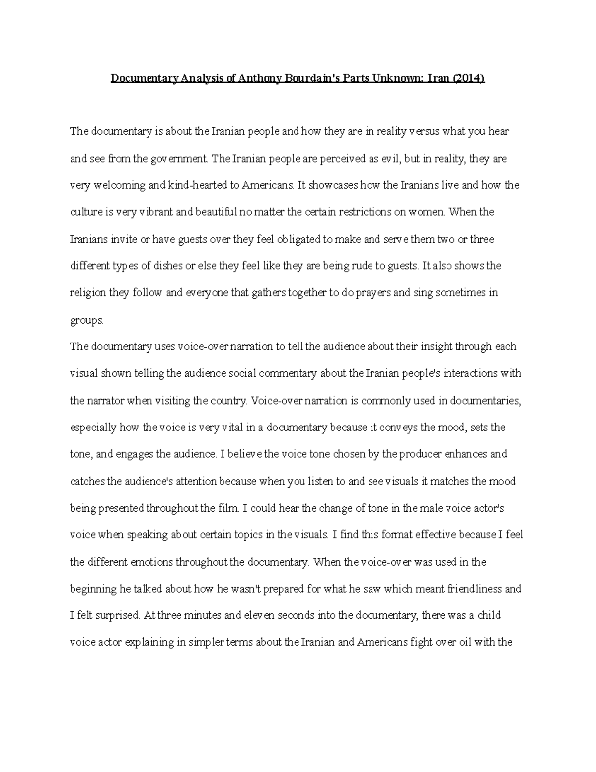 Documentary Analysis of Anthony Bourdain's Parts Unknown Iran (2014 ) Vongvilay N - Documentary ...