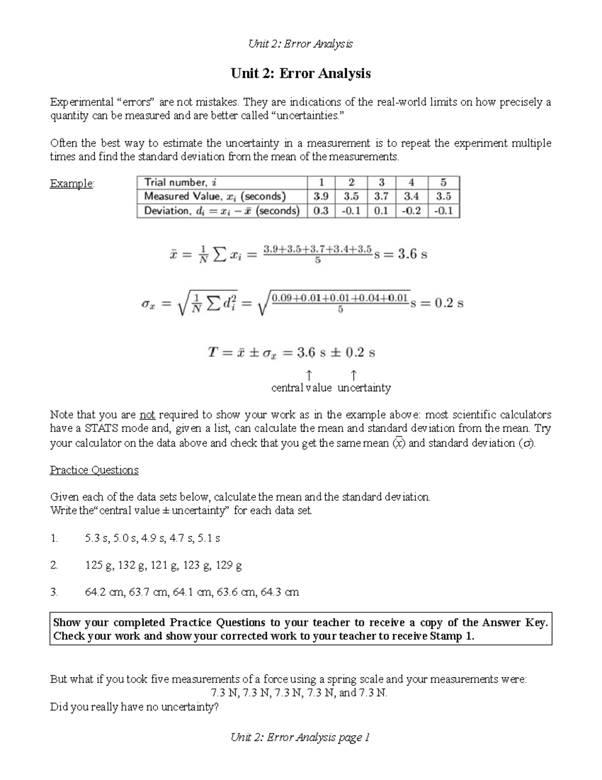 Unit 2 Error Analysis Guide - Unit 2: Error Analysis Experimental “errors” are not mistakes ...