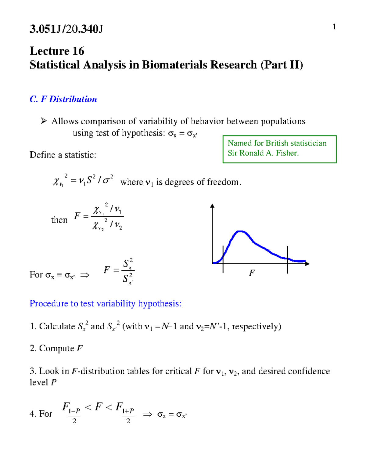 Statistical Analysis in Biomaterials Research - 3.051J/20 Lecture 16 ...