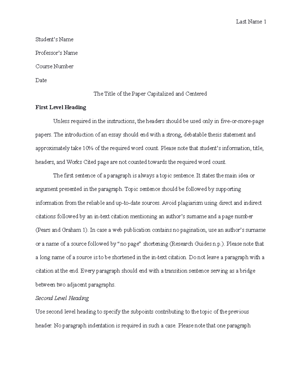 MLA method of writing template - Last Name 1 Student’s Name Professor’s ...