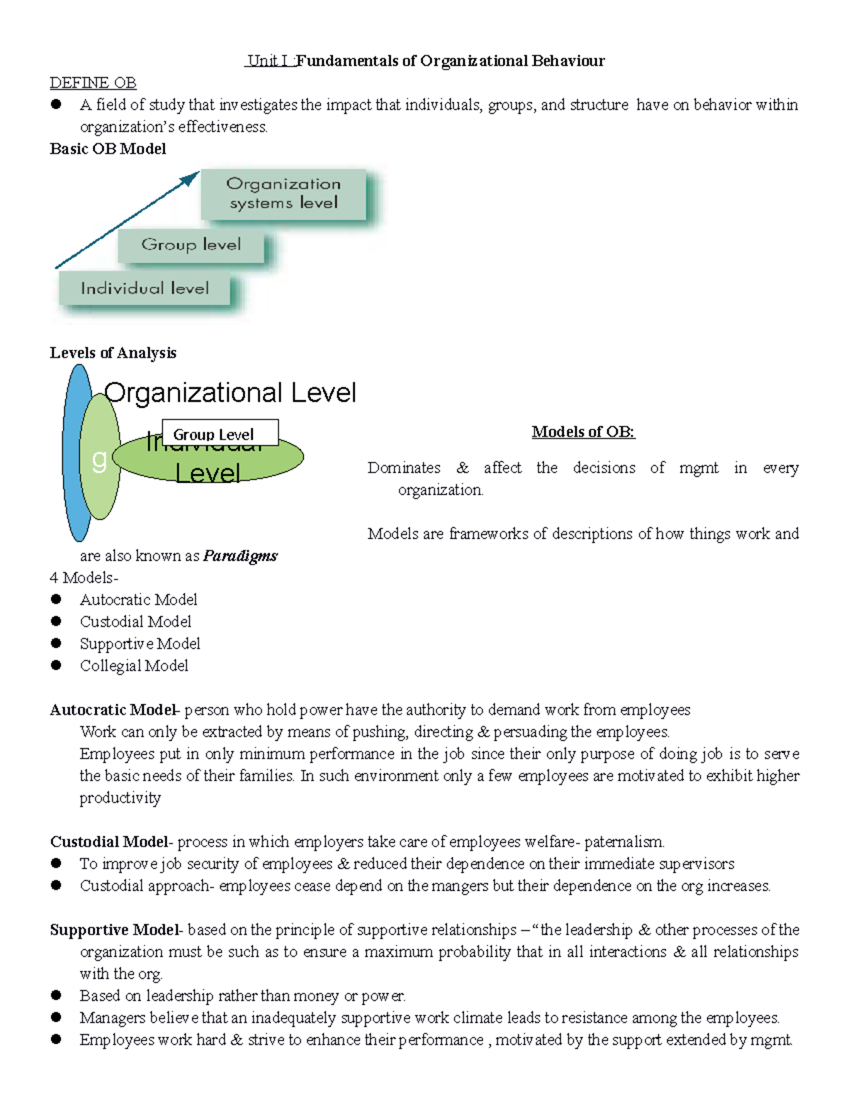 OB Notes-Unit 1 - Ob notes bba - g Individual Level Organizational ...