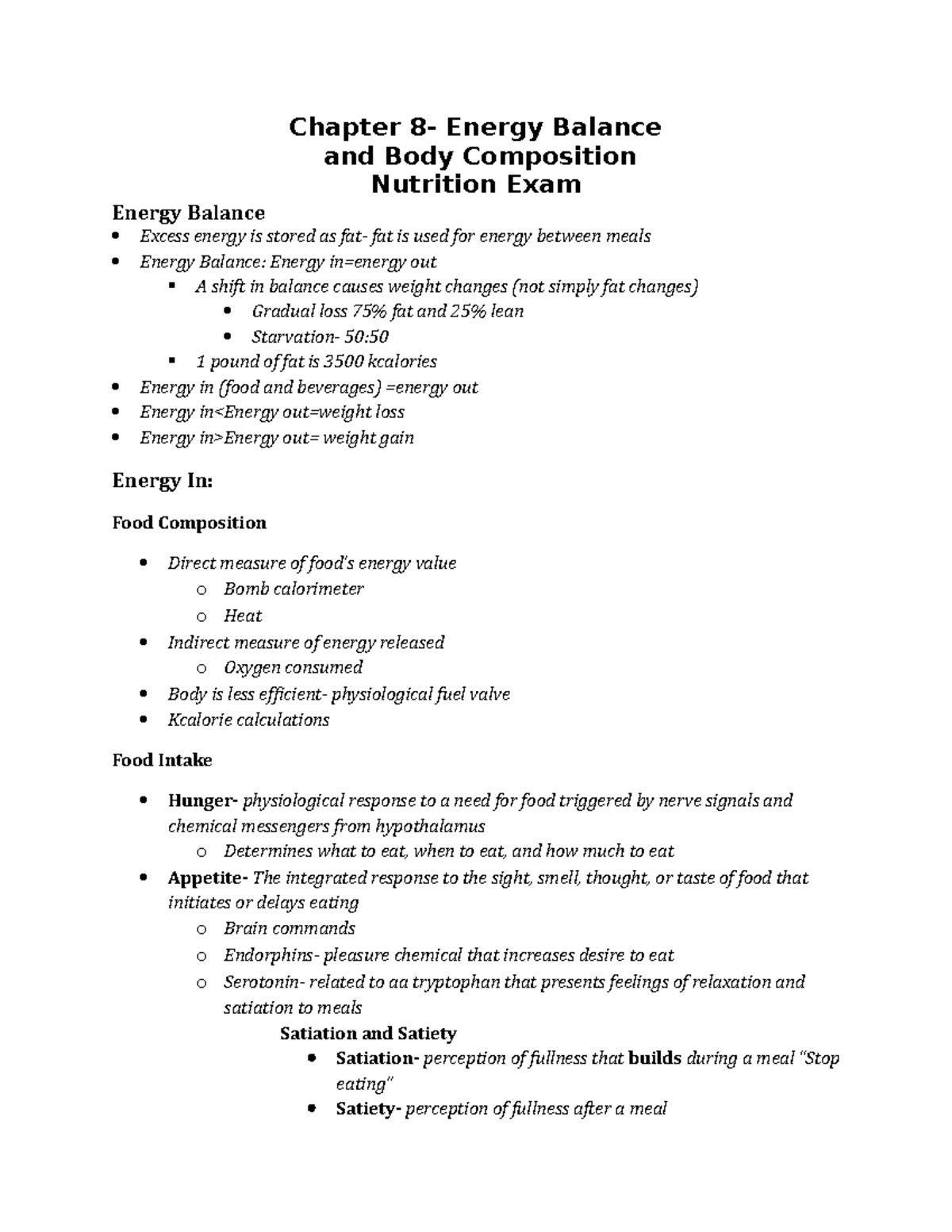 Chapter 8- energy - Lecture notes - Chapter 8- Energy Balance and Body ...