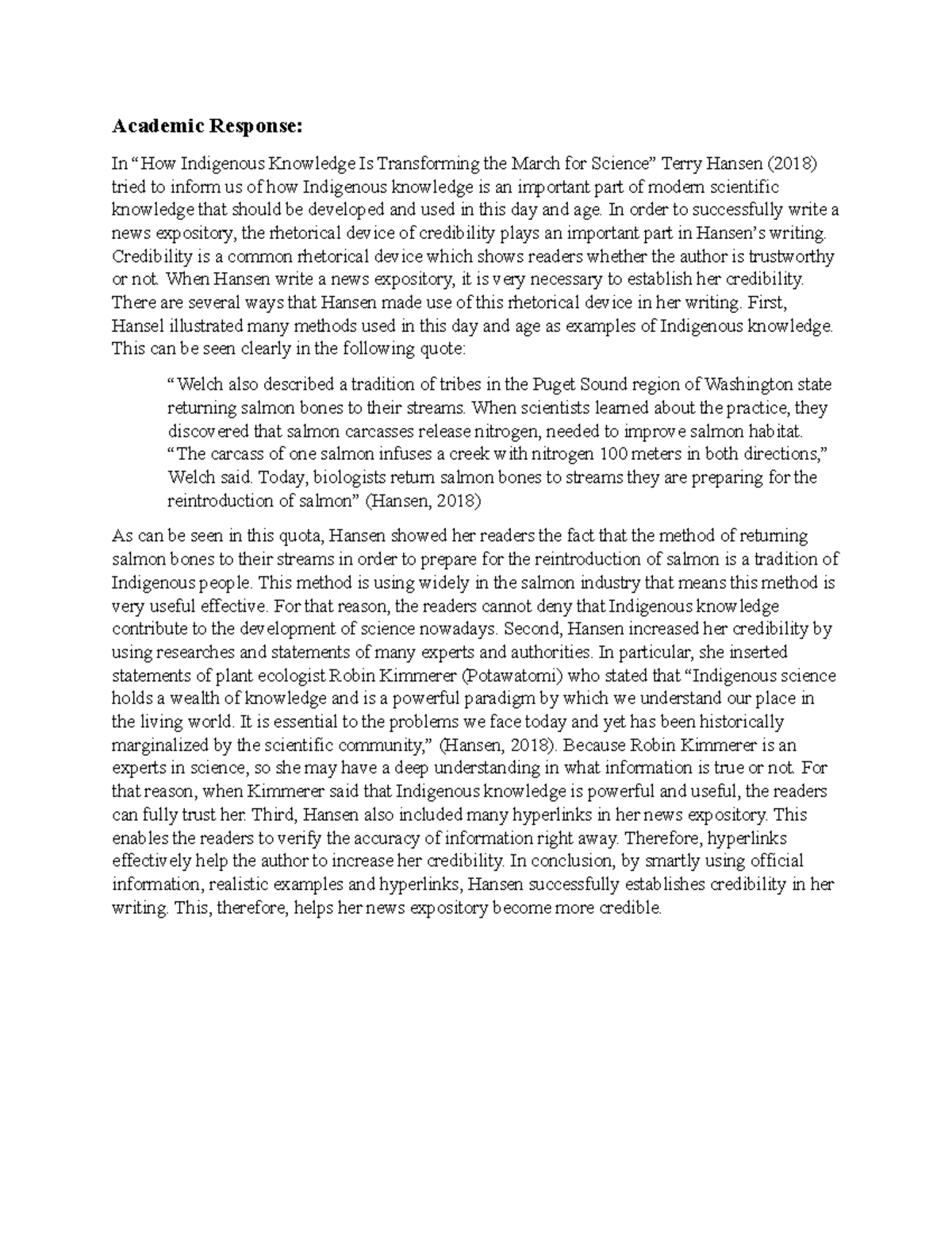 Final - Grade: A+ - Academic Response: In “How Indigenous Knowledge Is ...