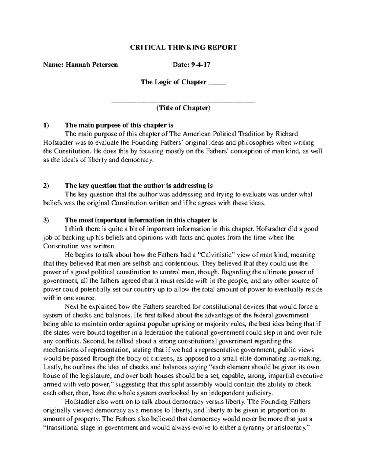 CTR2 - CTR - CRITICAL THINKING REPORT Name: Hannah Petersen Date: 9-4 ...