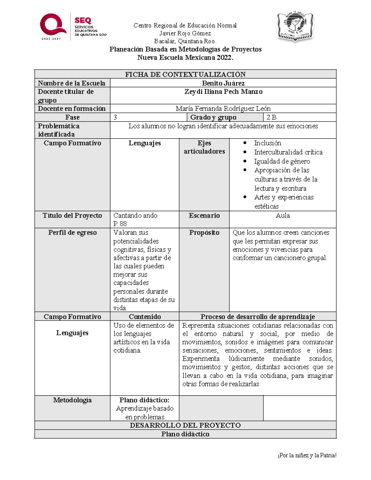 Planeacion proyecto Cantando ando nueva escuela mexicana 2024 - Javier ...