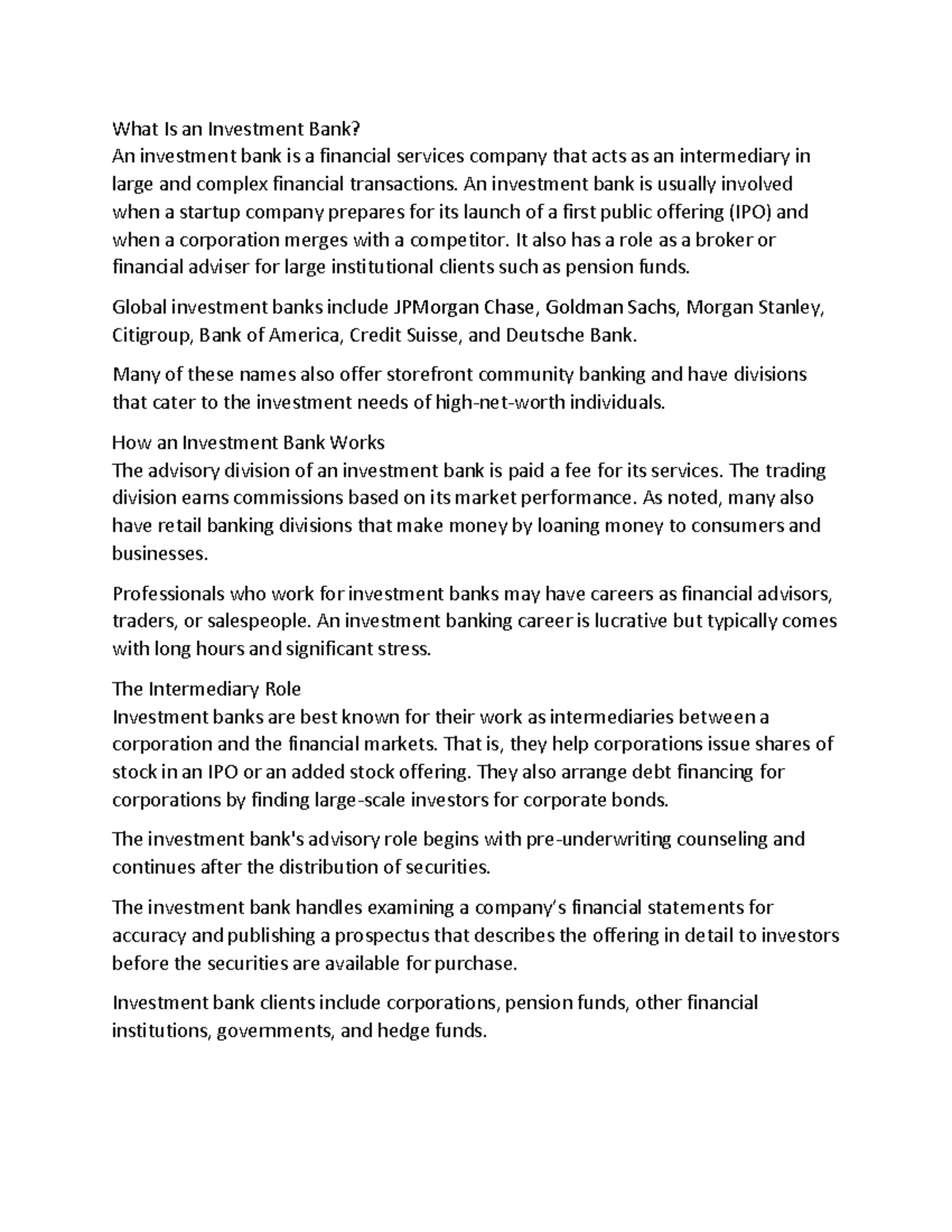 Investment Bank - Notes - What Is an Investment Bank? An investment ...