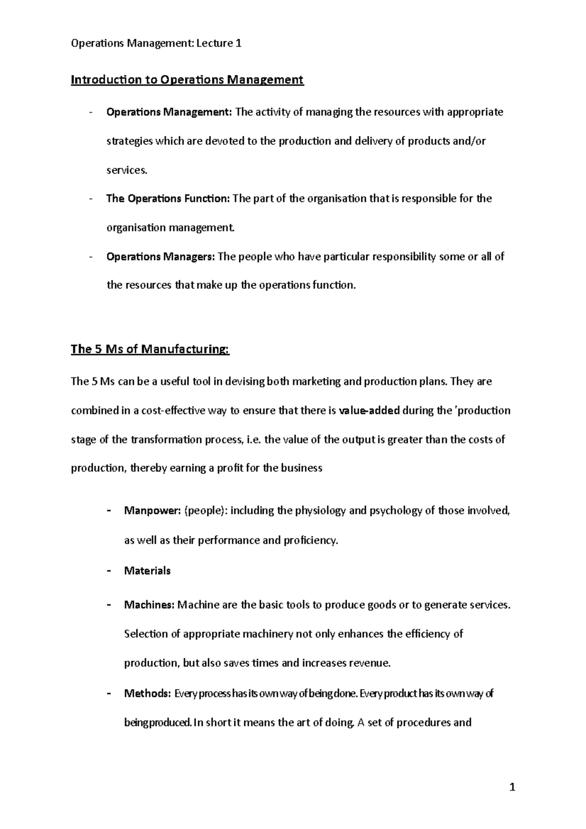 Lecture 1 - Intro to Operations Management - Introduction to Operations ...