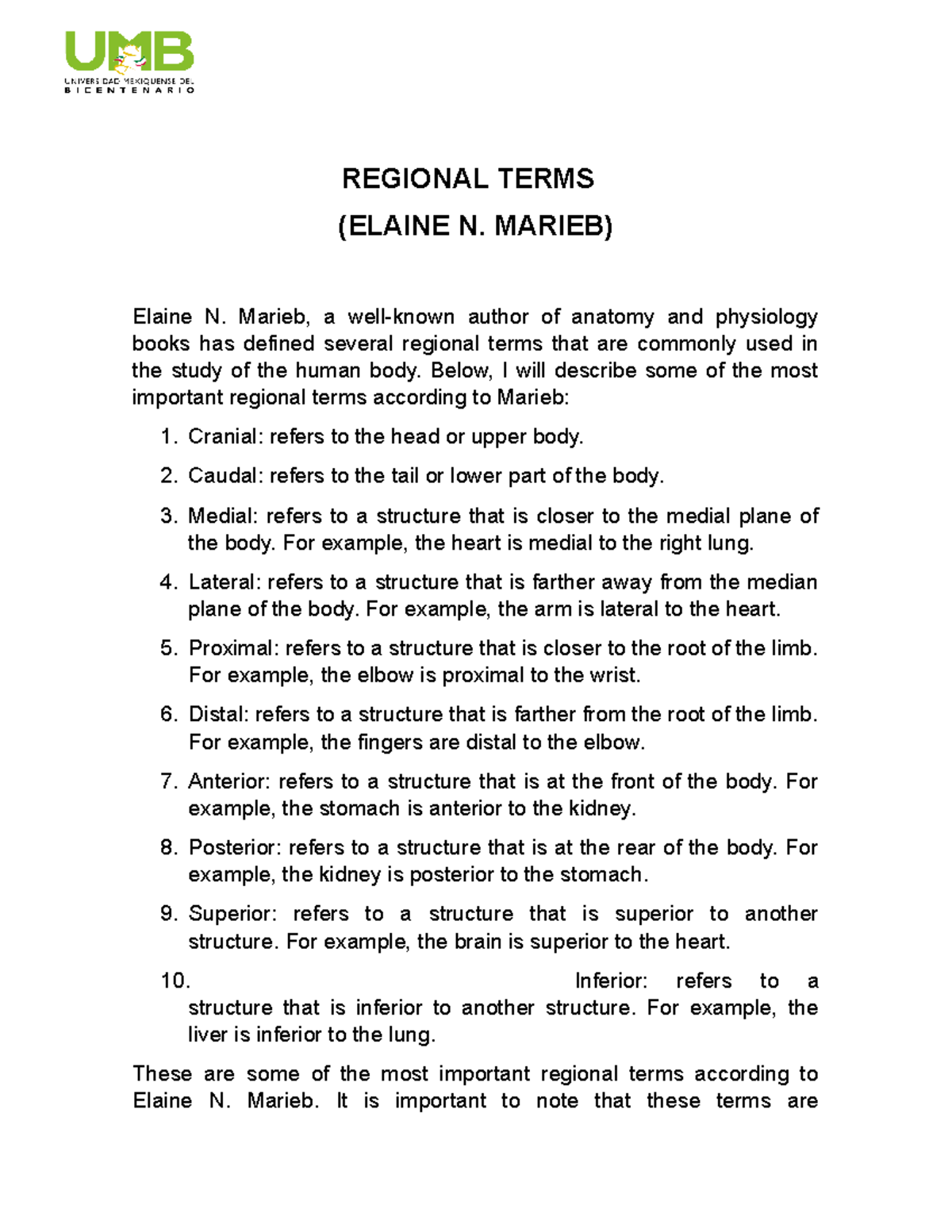 Regional terms - Elaine N. Marieb - REGIONAL TERMS (ELAINE N. MARIEB ...