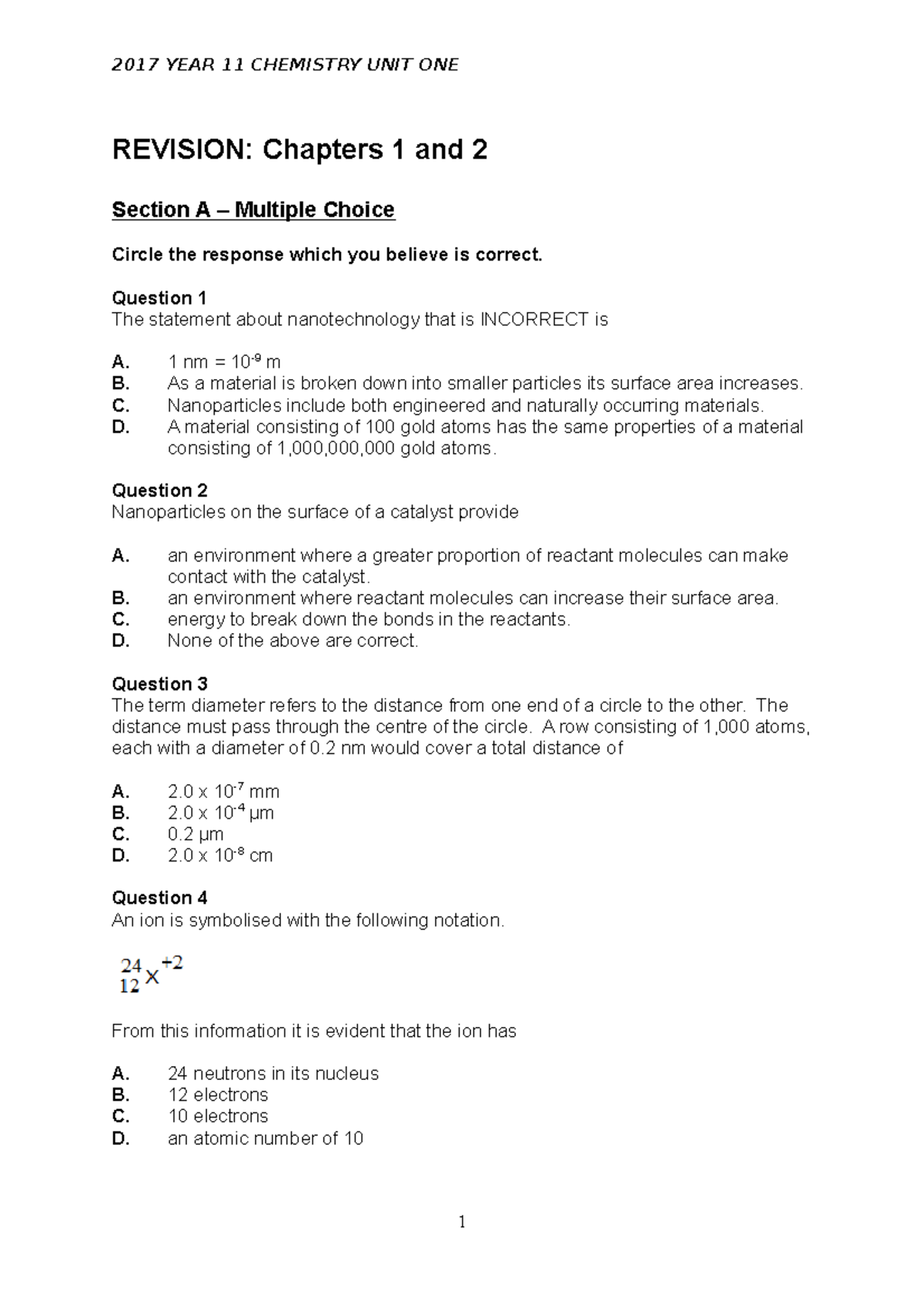 Chemistry C1&2 (Ver2) Questions - REVISION: Chapters 1 and 2 Section A ...