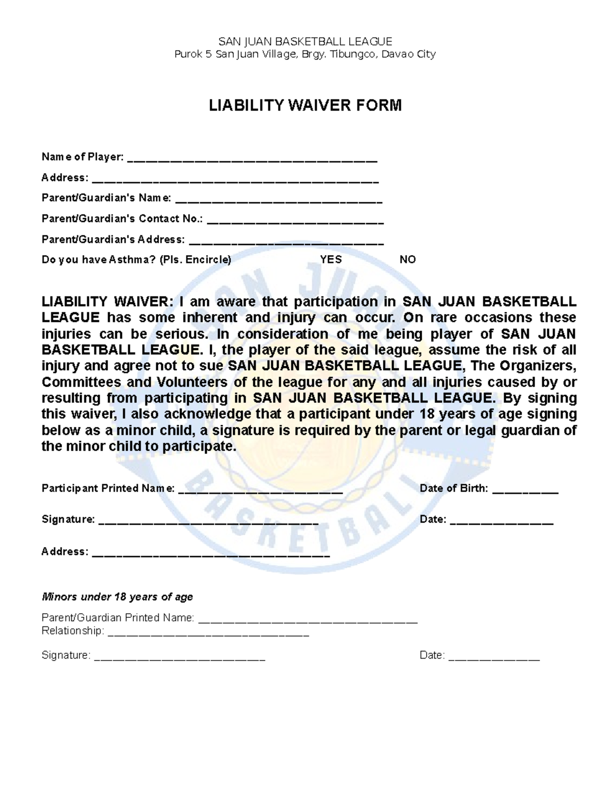 Liability- Waiver-FORM - SAN JUAN BASKETBALL LEAGUE Purok 5 San Juan ...