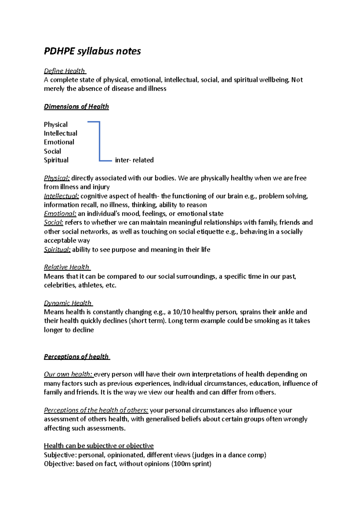 Pdhpe syllabus notes - PDHPE syllabus notes Define Health A complete ...