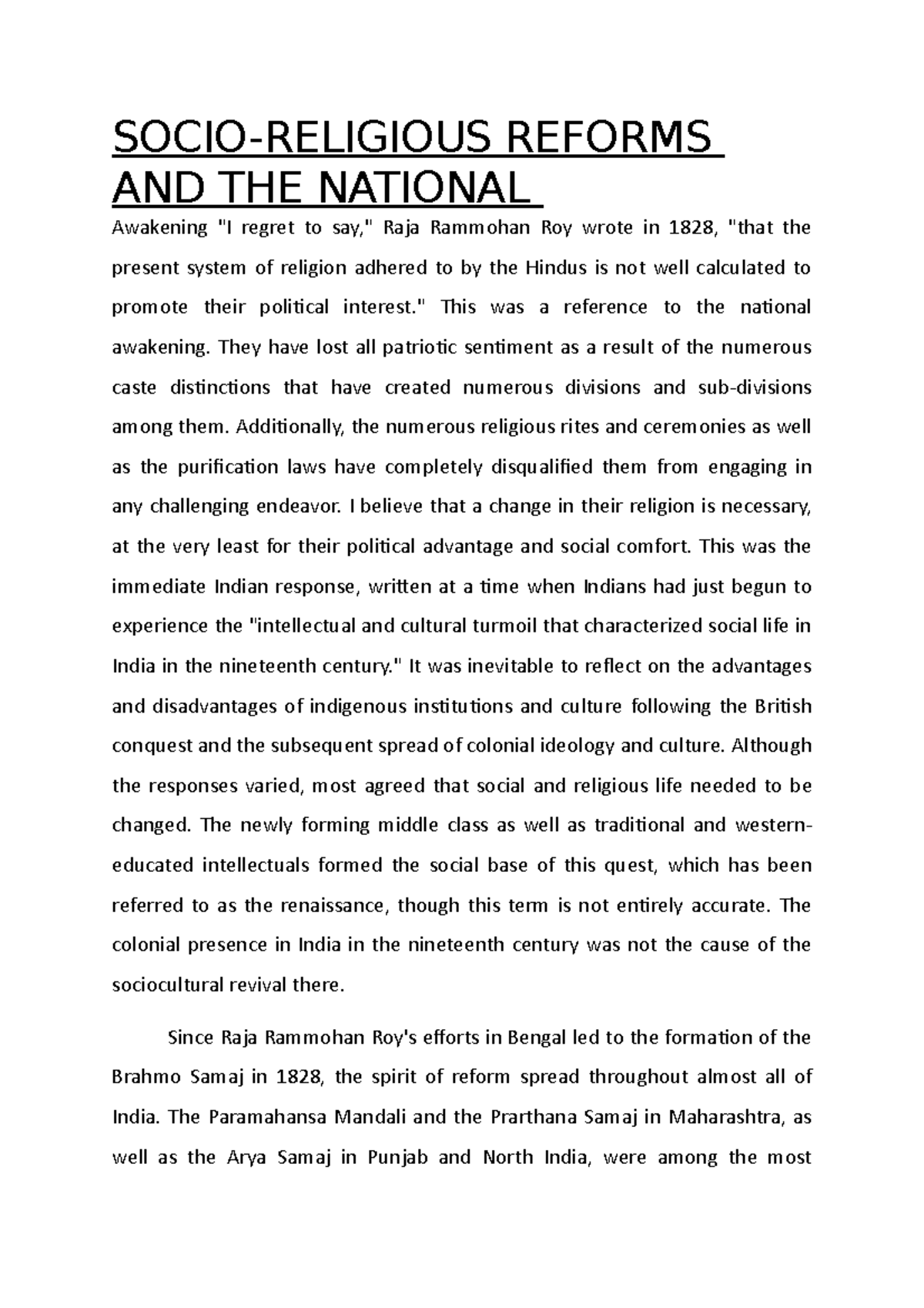 Socio- Religious Reforms AND THE National - SOCIO-RELIGIOUS REFORMS AND ...