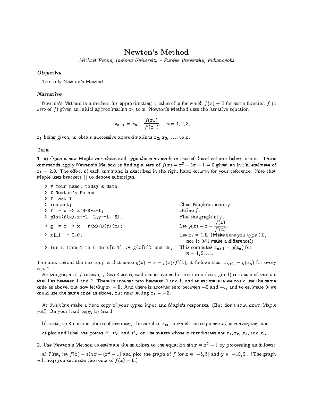Computer Project 11 - Newton’s Method Michael Penna, Indiana University ...