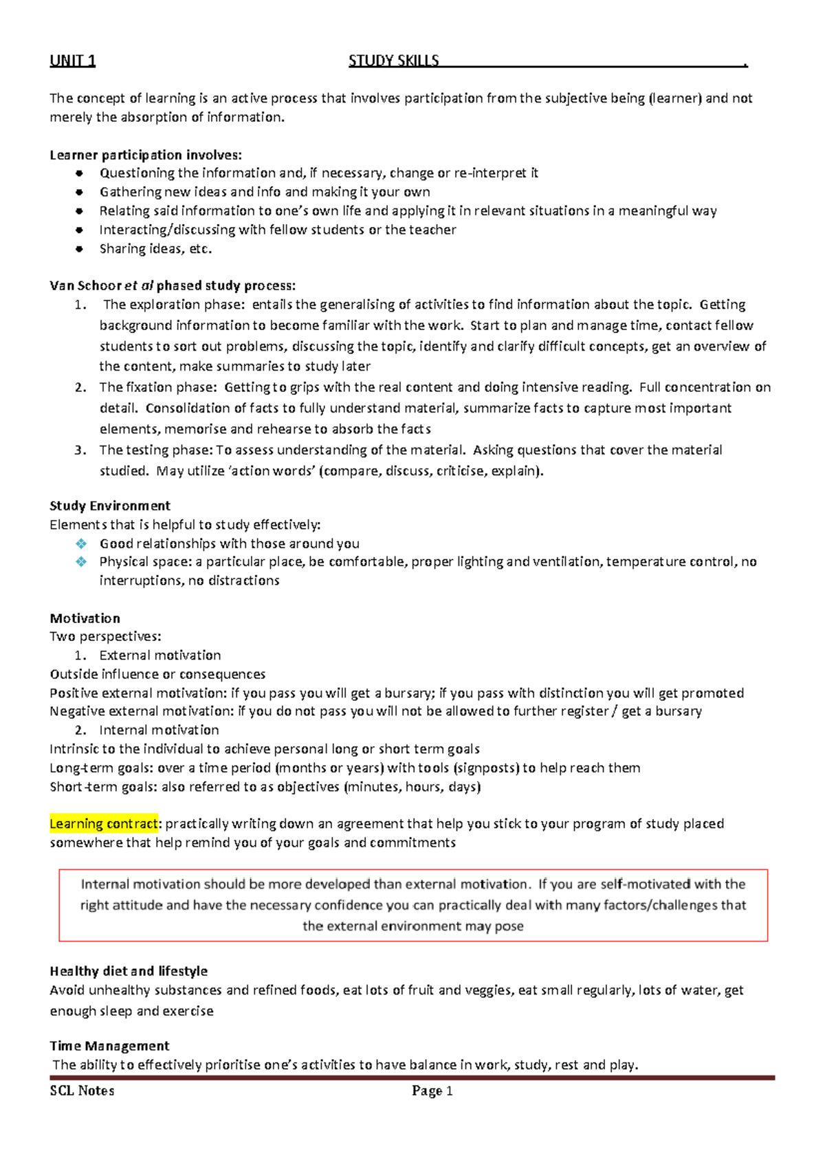 SCL1501-study notes - UNIT 1 STUDY SKILLS. The concept of learning is ...